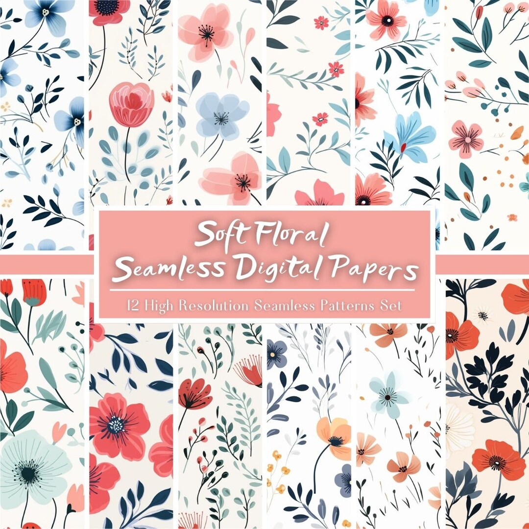 Soft Floral Digital Paper Set, Boho Flowers Seamless Pattern, Floral ...