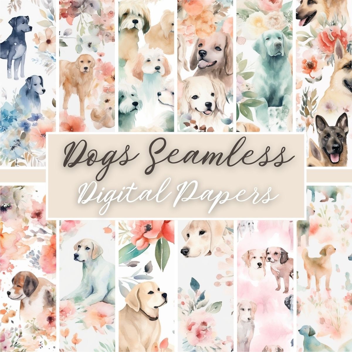 Watercolor Dogs Digital Paper Set, Dogs Seamless Pattern, Flowers ...