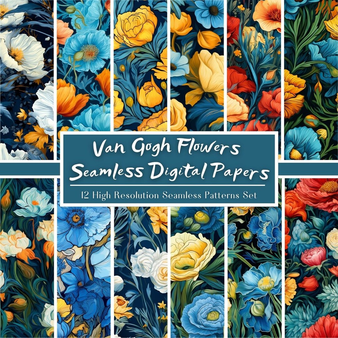Van Gogh Flowers Digital Paper Set, Van Gogh Floral Seamless Pattern ...