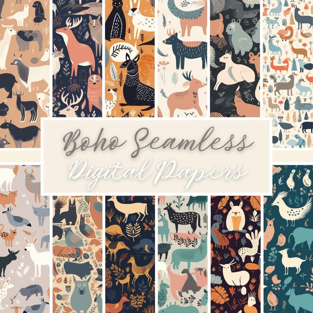 Boho Digital Paper Set, Boho Seamless Patterns, Animals Seamless ...