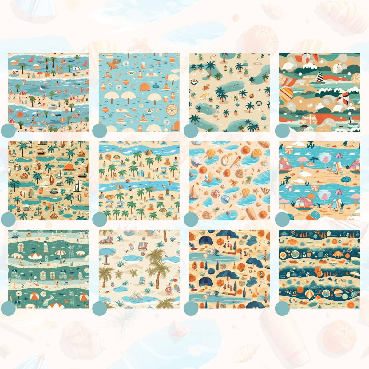 Cute Beach Digital Paper Set, Beach Ilustration Seamless Pattern, Water ...