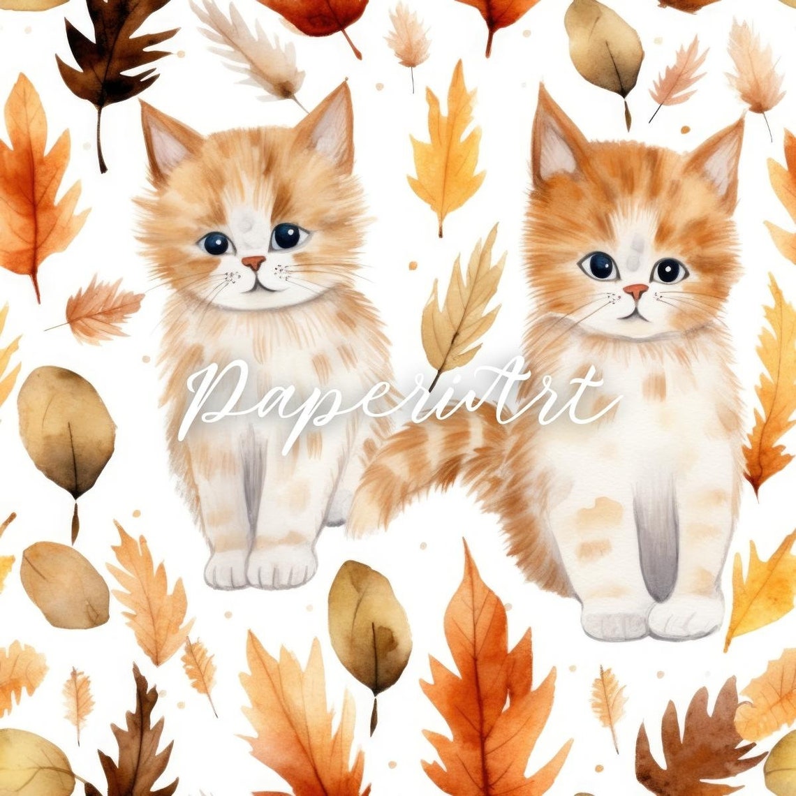 Autumn Cats Digital Paper Set, Watercolor Cats Seamless Pattern, Cute ...