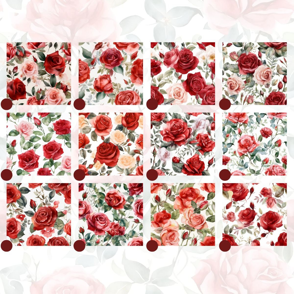 Watercolor Red Roses Digital Paper Set, Red Roses Seamless Pattern ...