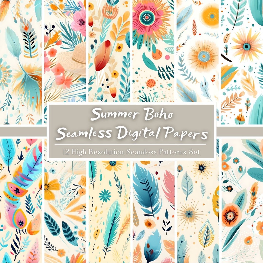 Summer Boho Digital Paper Set, Boho Flowers Seamless Pattern, Floral ...