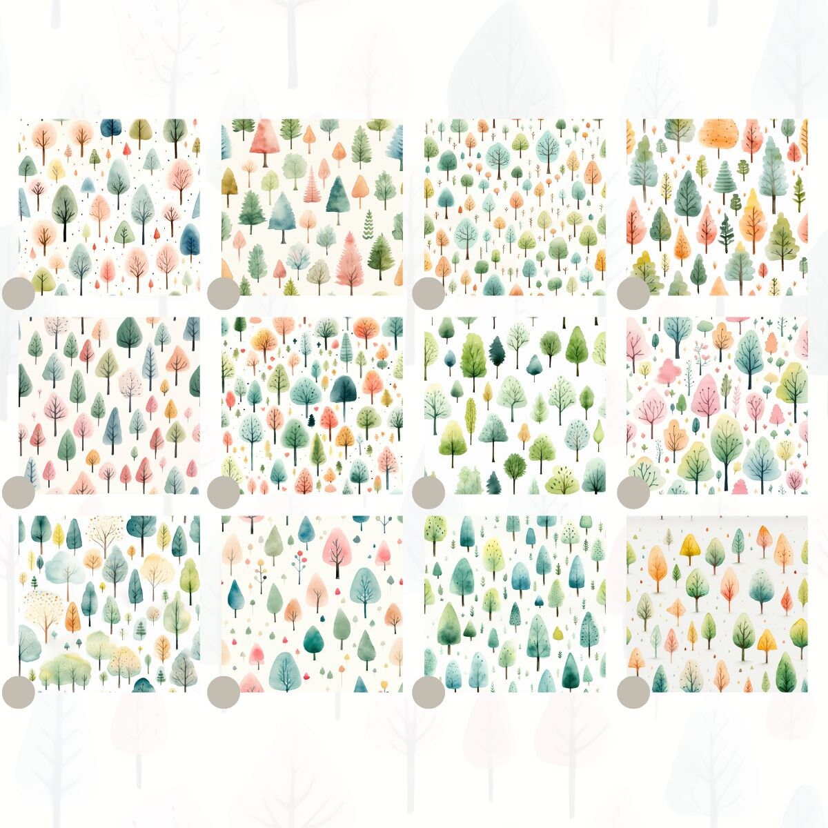 Watercolor Trees and Leaves Digital Paper Set, Cute Leaves Seamless ...