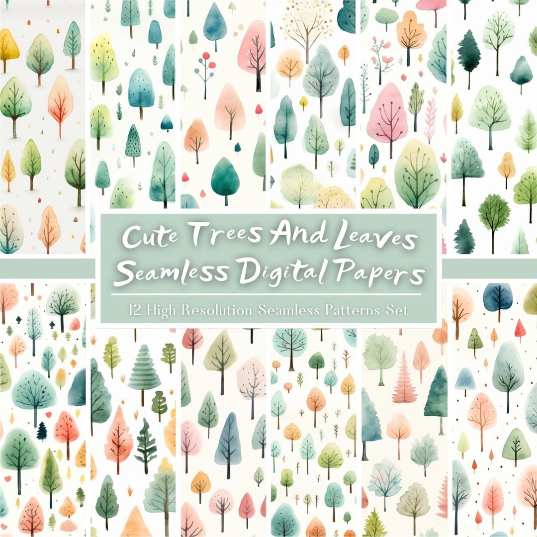 Watercolor Trees and Leaves Digital Paper Set, Cute Leaves Seamless ...