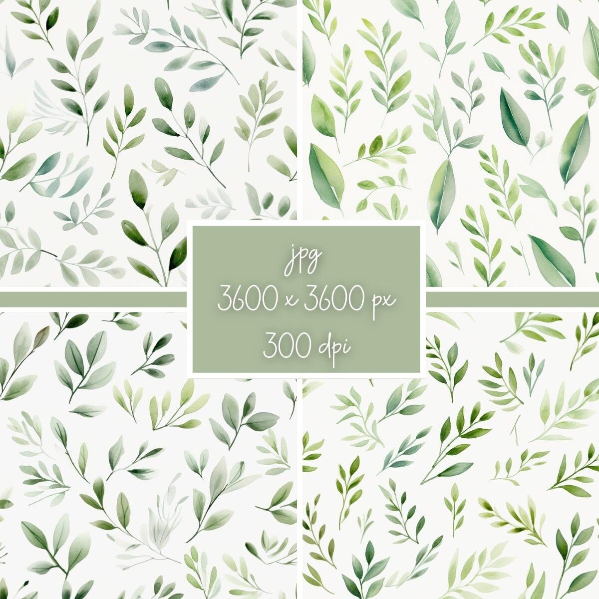 Pastel Greenery Seamless Pattern Set, Watercolor Leaves Digital Papers ...