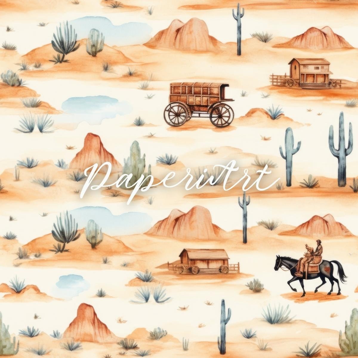 Watercolor Cactus Digital Paper Set, Western Seamless Pattern, Horse ...