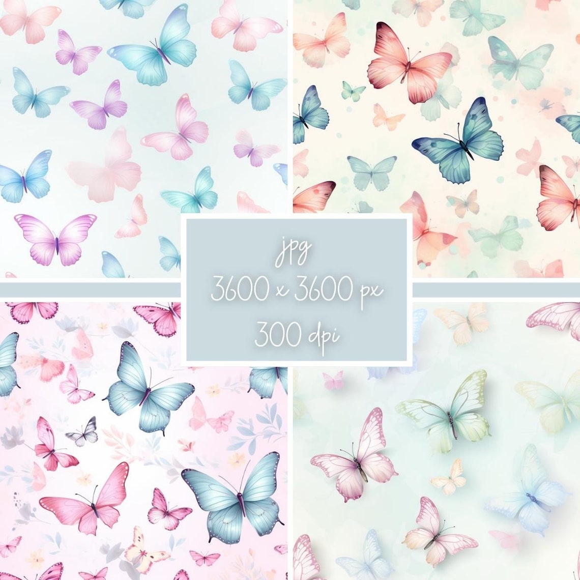 Pastel Butterflies Digital Paper Set, Watercolor Butterflies Seamless ...