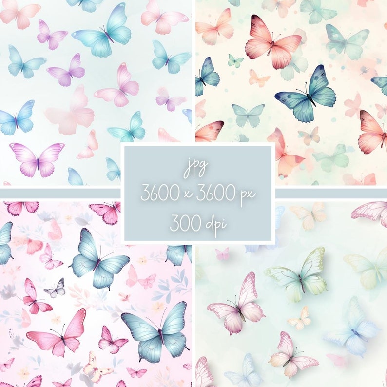 Pastel Butterflies Digital Paper Set, Watercolor Butterflies Seamless ...