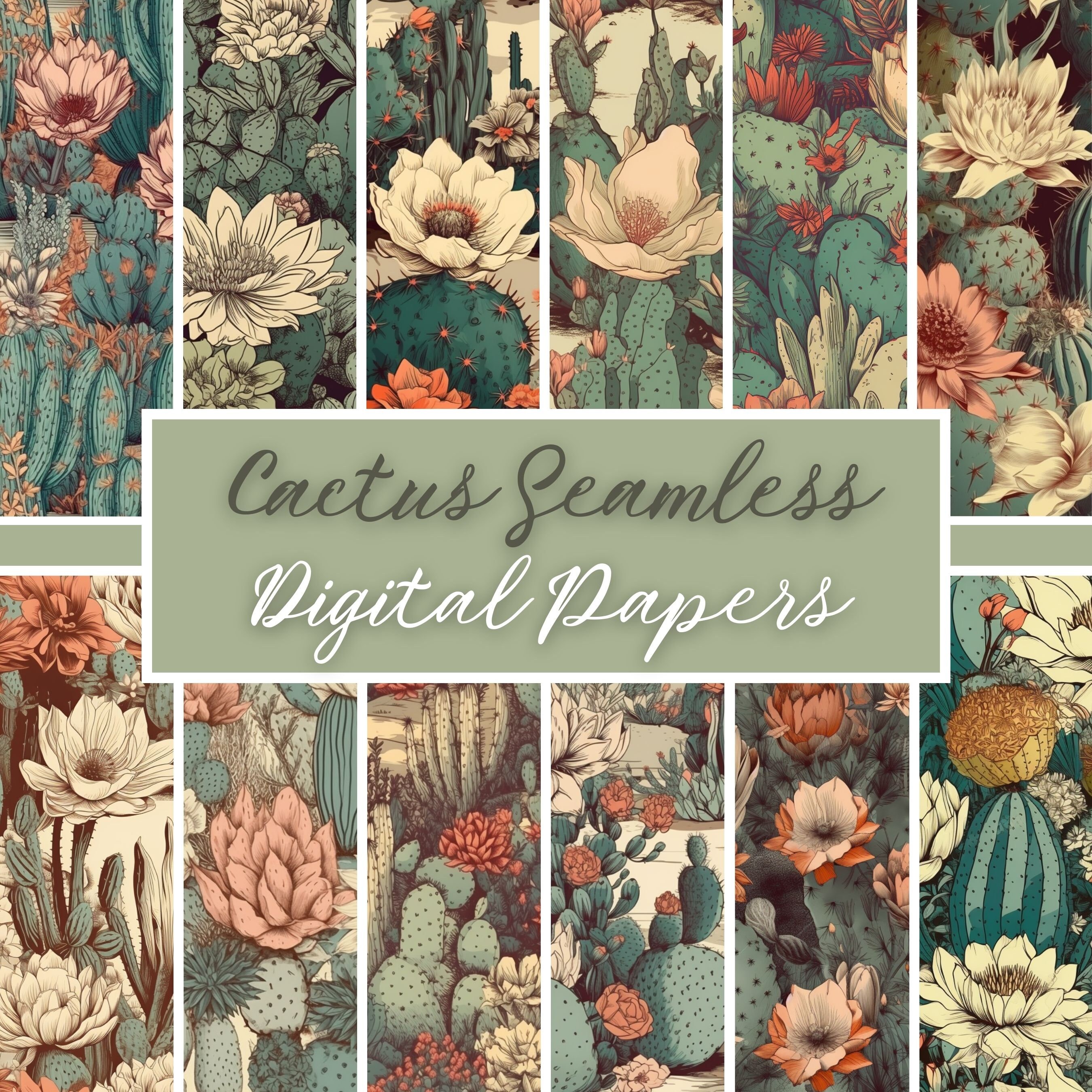 Cactus Digital Paper, Seamless Patterns, Watercolor Floral Paper ...