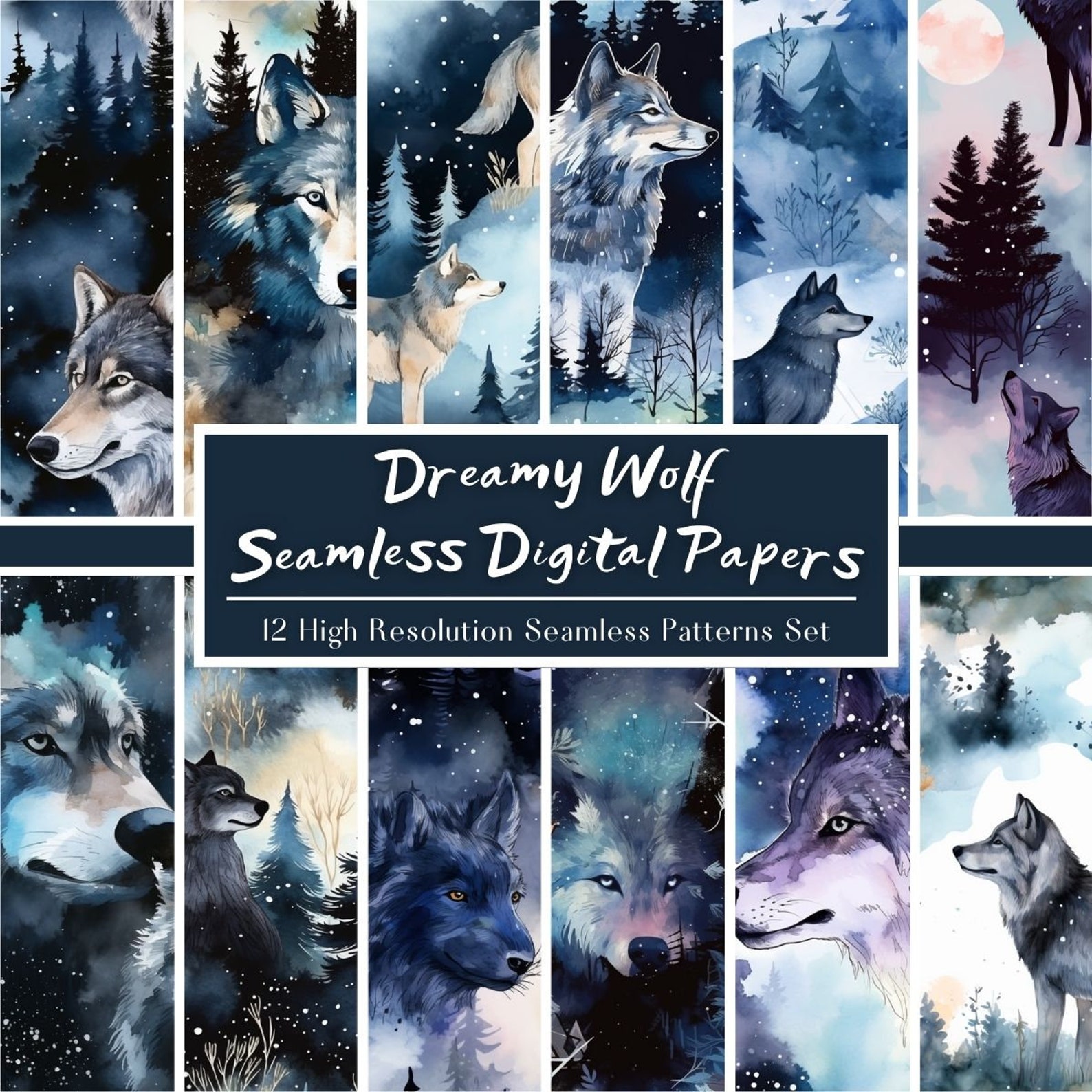 Dreamy Wolf Digital Paper Set, Magical Wolf Seamless Pattern, Night Dog ...