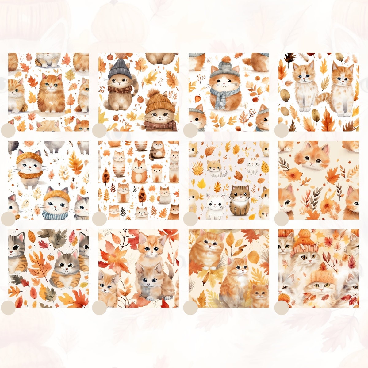 Autumn Cats Digital Paper Set, Watercolor Cats Seamless Pattern, Cute ...