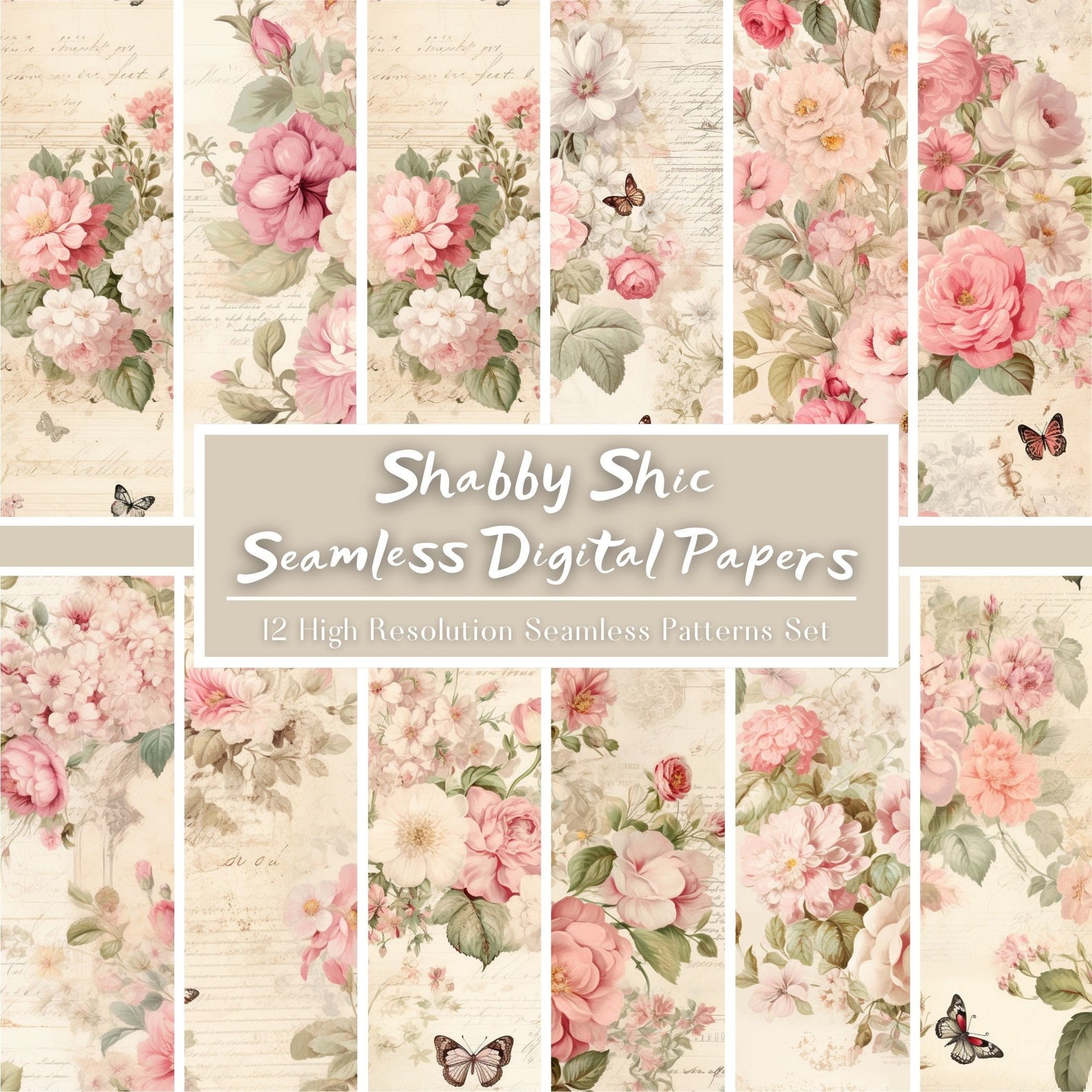 Shabby Chic Seamless Pattern Set, Vintage Flowers Scrapbook Paper ...