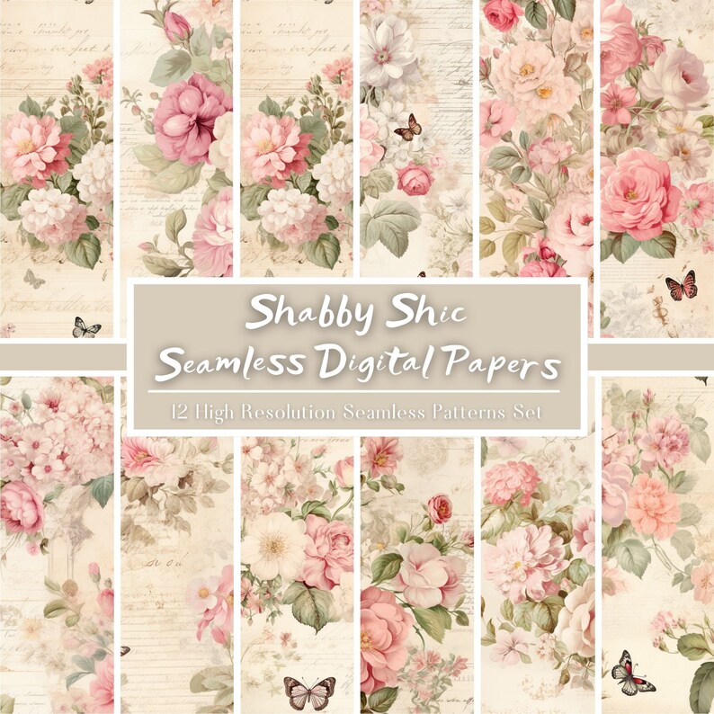 Shabby Chic Seamless Pattern Set, Vintage Flowers Scrapbook Paper ...