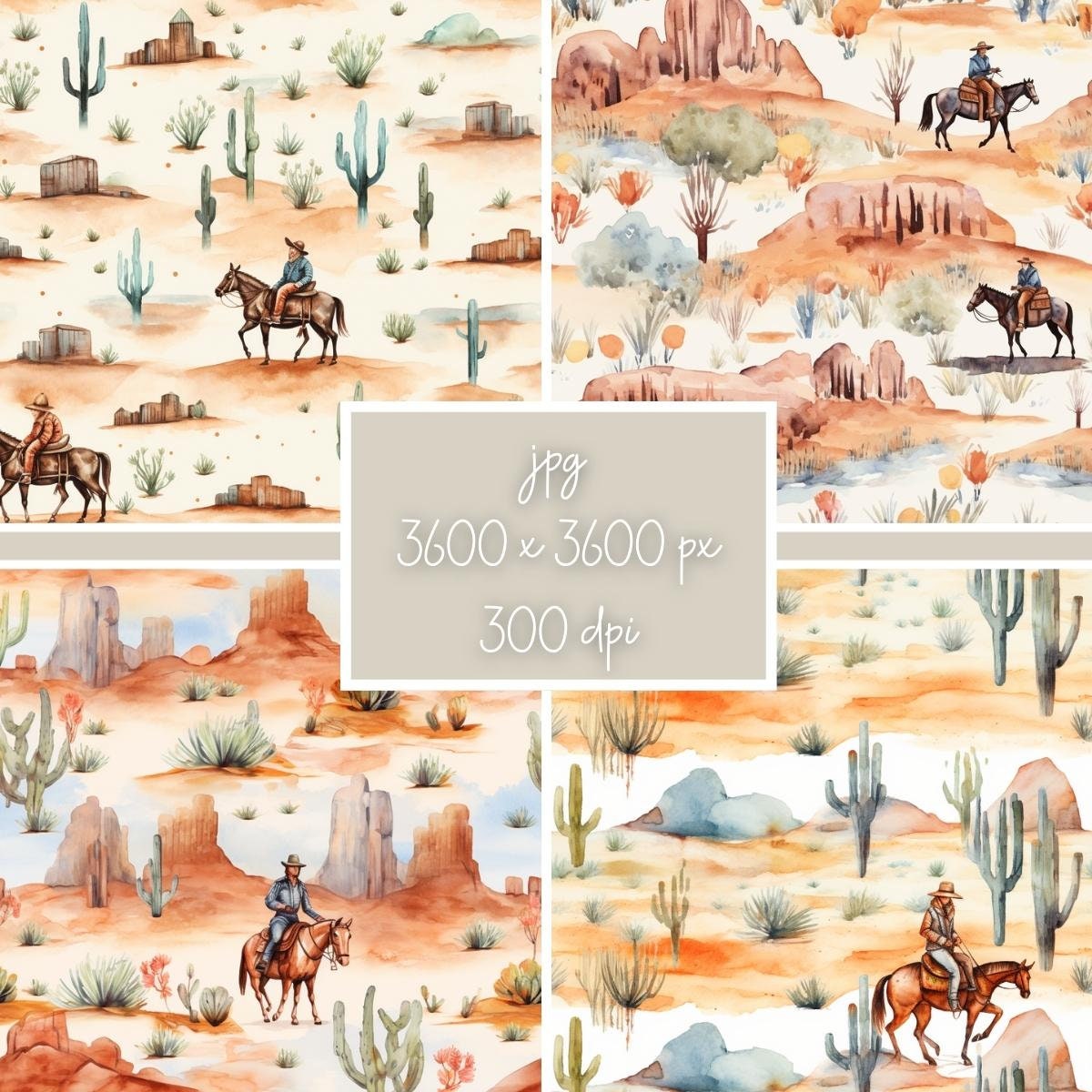 Watercolor Cactus Digital Paper Set, Western Seamless Pattern, Horse ...