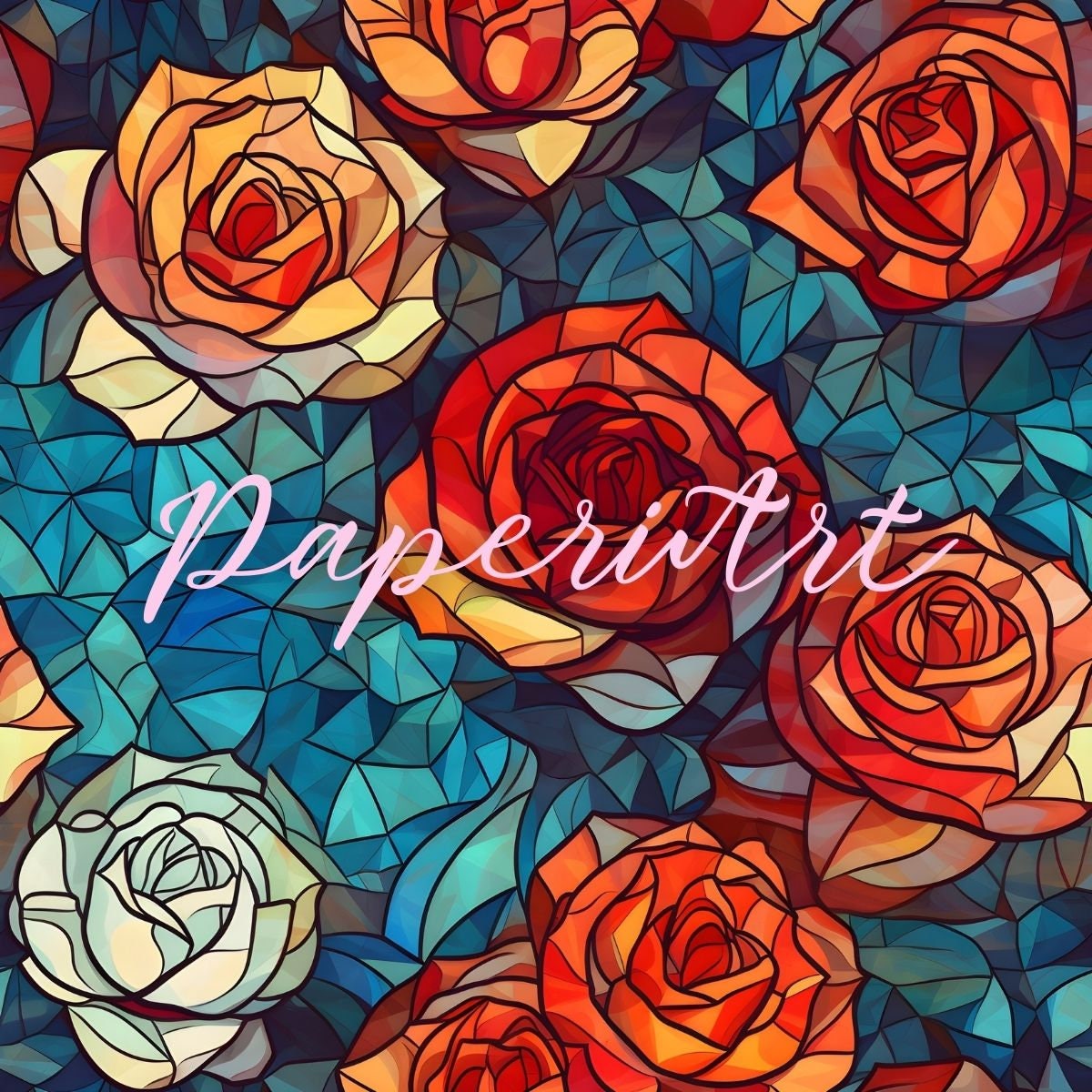 Mosaic Roses Digital Paper Set, Mosaic Roses Seamless Pattern, Floral ...