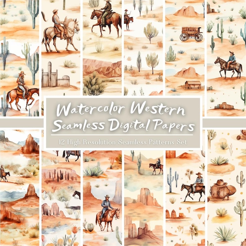Watercolor Cactus Digital Paper Set, Western Seamless Pattern, Horse ...