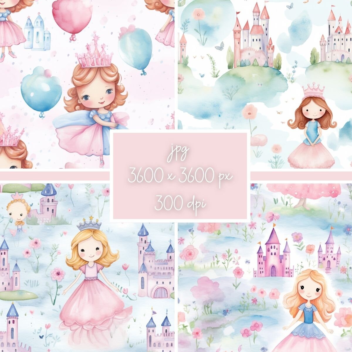Watercolor Little Princess Digital Paper Set, Nursery Princess Seamless ...