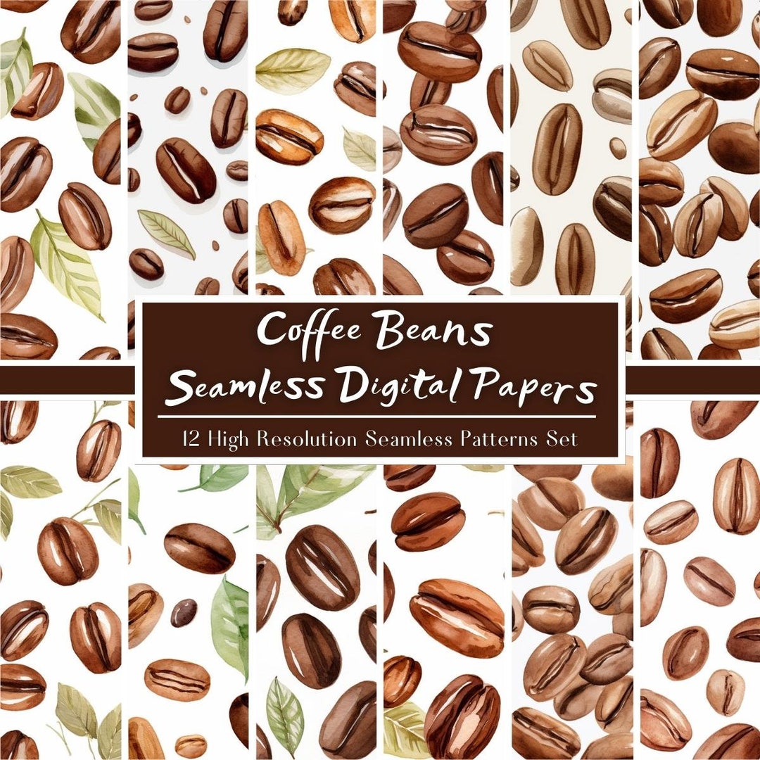 Watercolor Coffee Digital Paper Set, Boho Coffee Beans Seamless Pattern ...