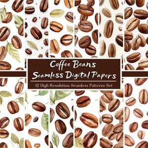 Watercolor Coffee Digital Paper Set, Boho Coffee Beans Seamless Pattern ...