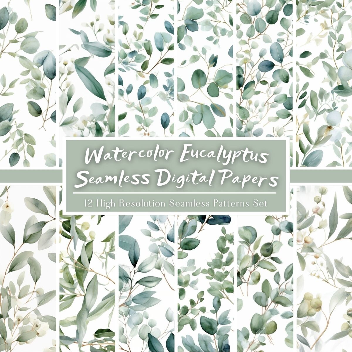 Watercolor Eucalyptus Digital Paper Set, Eucalyptus Seamless Pattern ...
