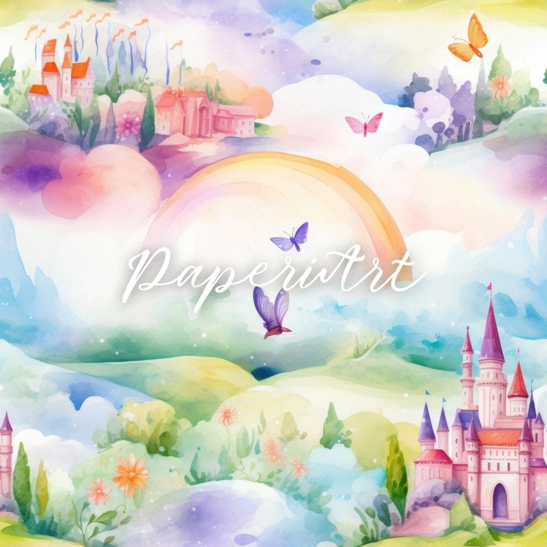 Rainbow Fairytale Digital Paper Set, Colorful Castle Seamless Pattern ...