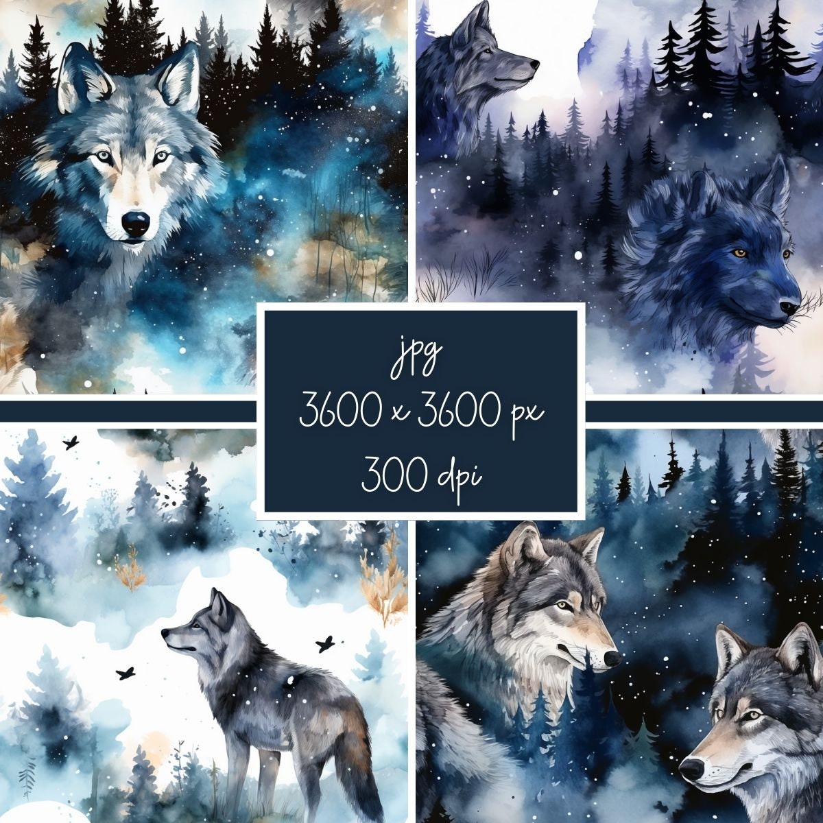 Dreamy Wolf Digital Paper Set, Magical Wolf Seamless Pattern, Night Dog ...