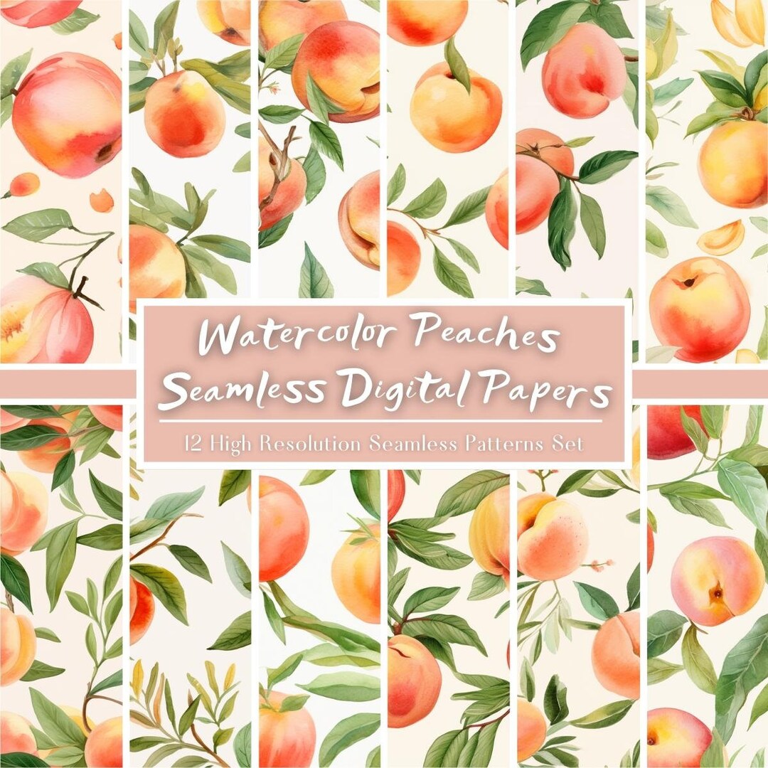 Watercolor Peaches Digital Paper Set, Cute Peach Seamless Pattern ...