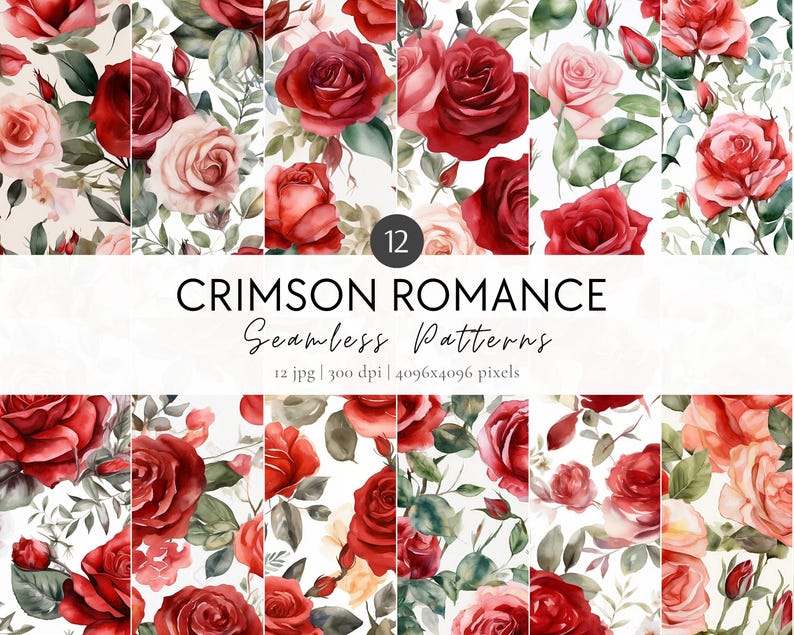 Watercolor Red Roses Digital Paper Set, Red Roses Seamless Pattern ...