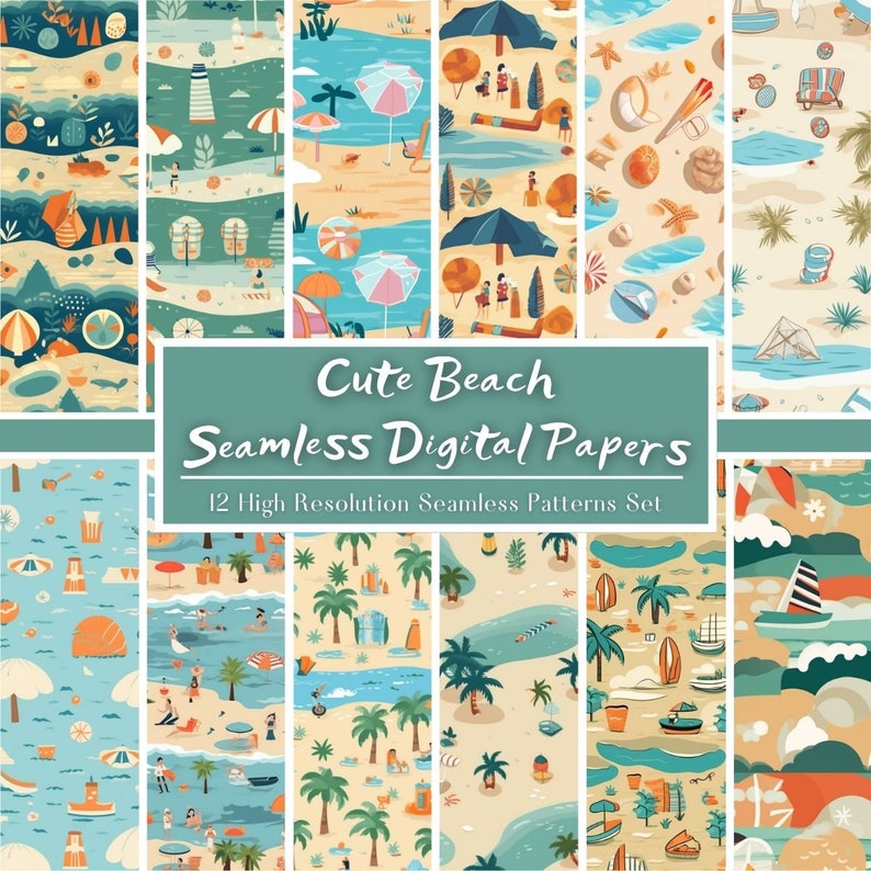 Cute Beach Digital Paper Set, Beach Ilustration Seamless Pattern, Water ...