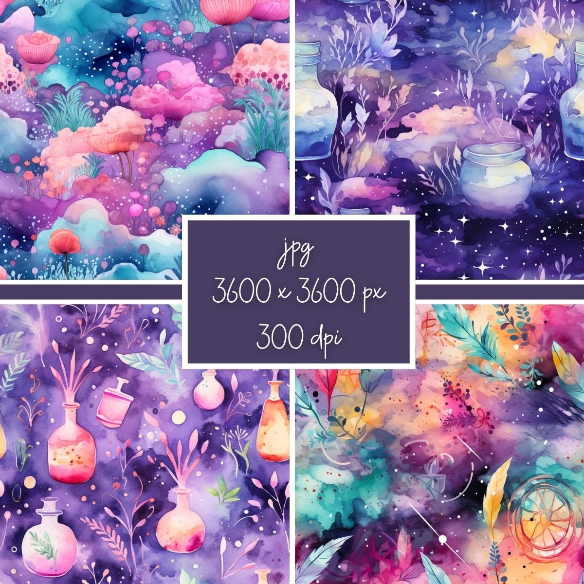 Watercolor Magical Digital Paper Set, Colorful Magic Seamless Pattern ...