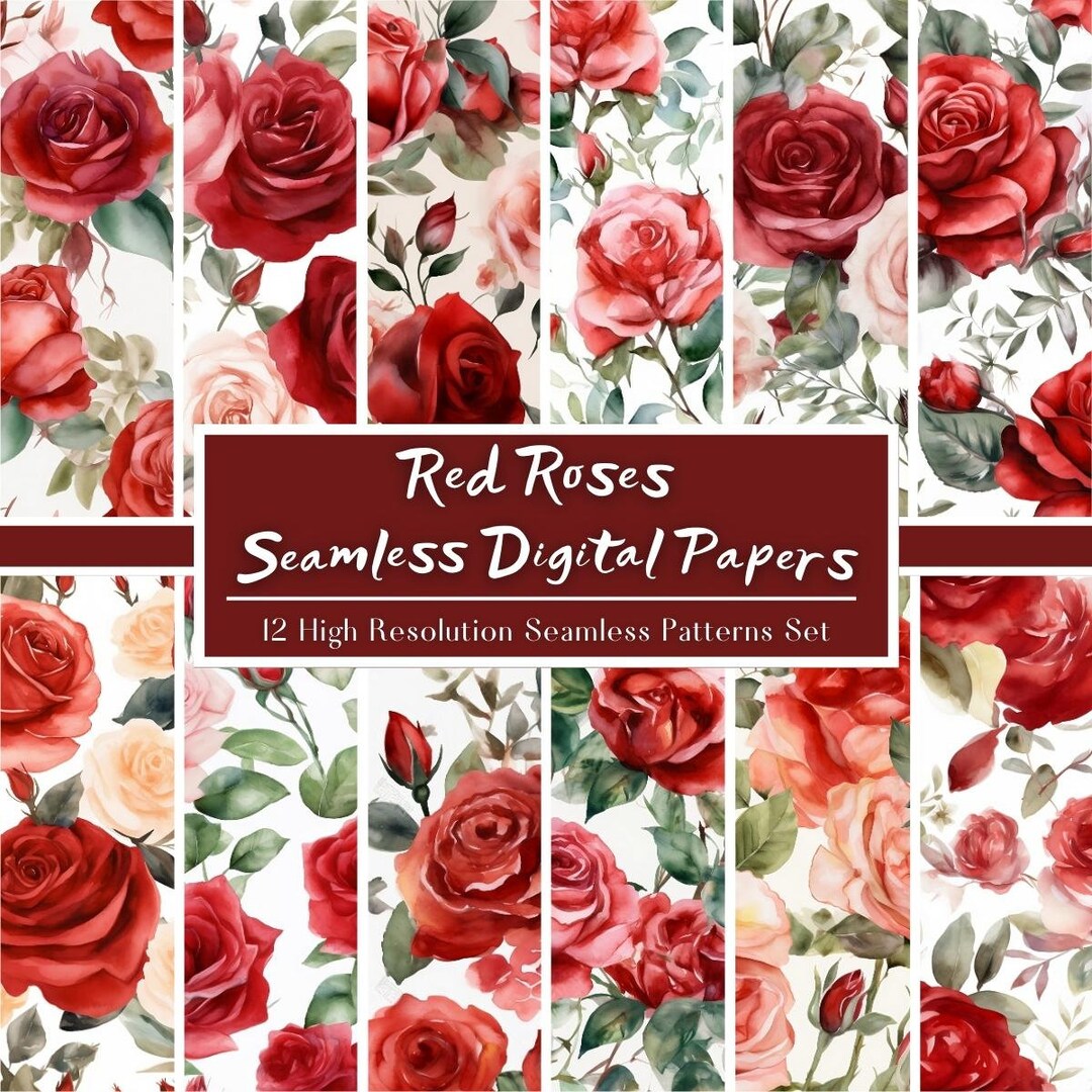 Watercolor Red Roses Digital Paper Set, Red Roses Seamless Pattern ...