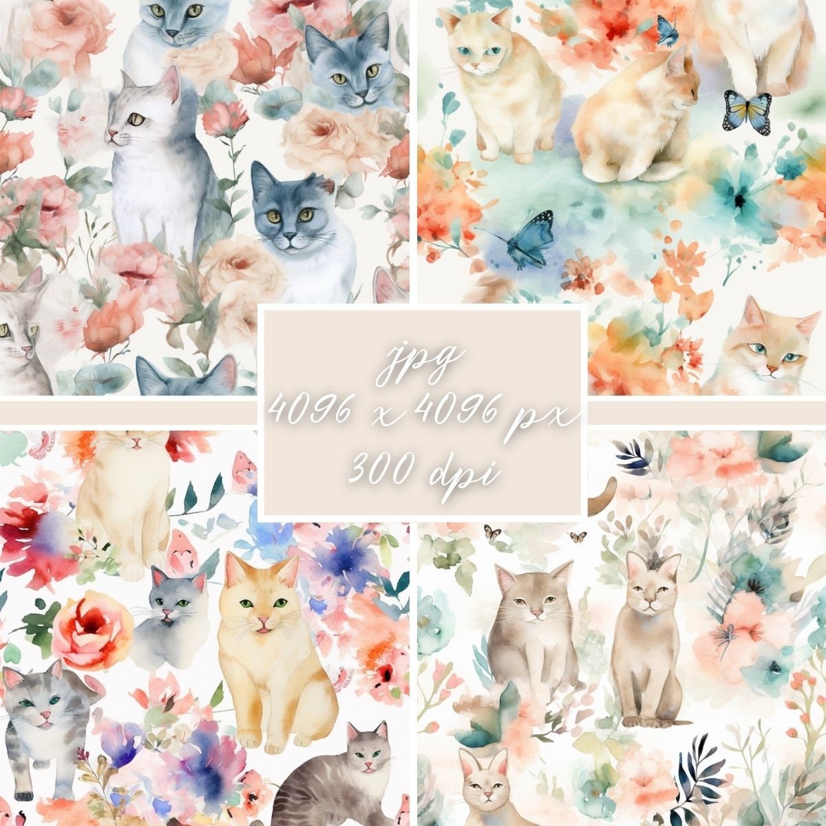 Cats Digital Paper, Flowers Seamless Pattern, Cats Seamless Pattern ...
