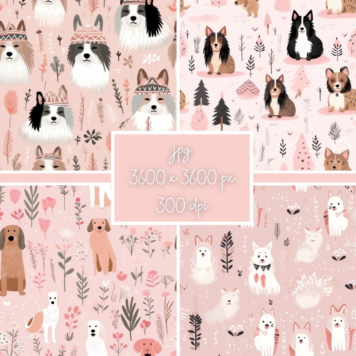 Boho Dogs Digital Paper Set, Bohemian Dog Seamless Pattern, Pet Digital ...