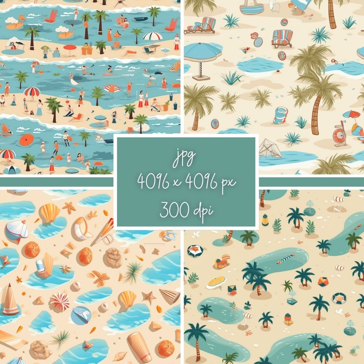 Cute Beach Digital Paper Set, Beach Ilustration Seamless Pattern, Water ...
