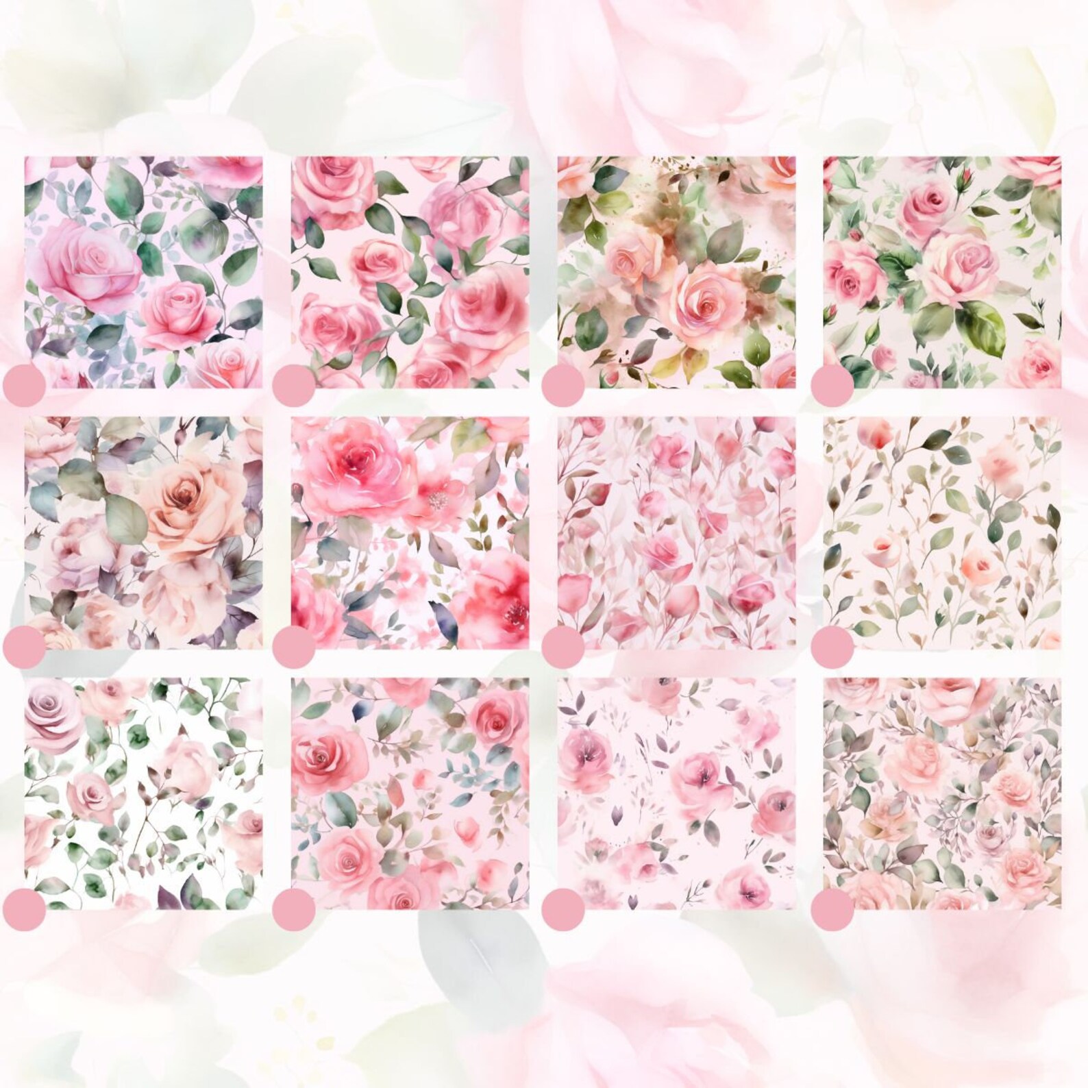 Pink Roses Digital Paper Set, Roses Seamless Pattern, Flowers Seamless ...