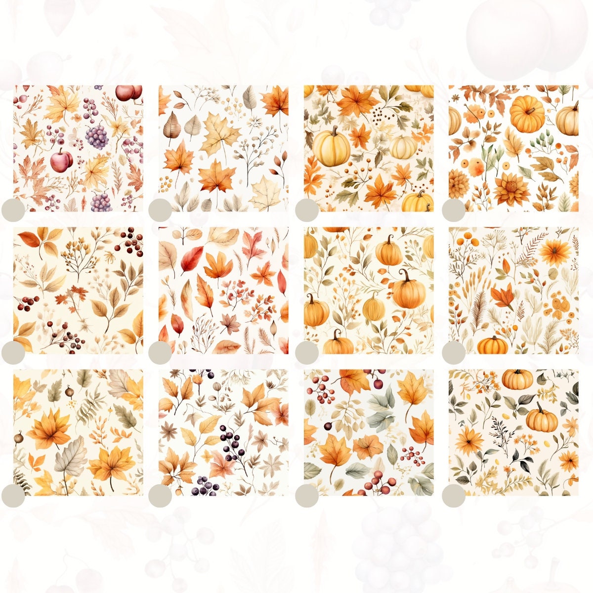 Vintage Fall Digital Paper Set, Leaf Greenery Seamless Patterns ...