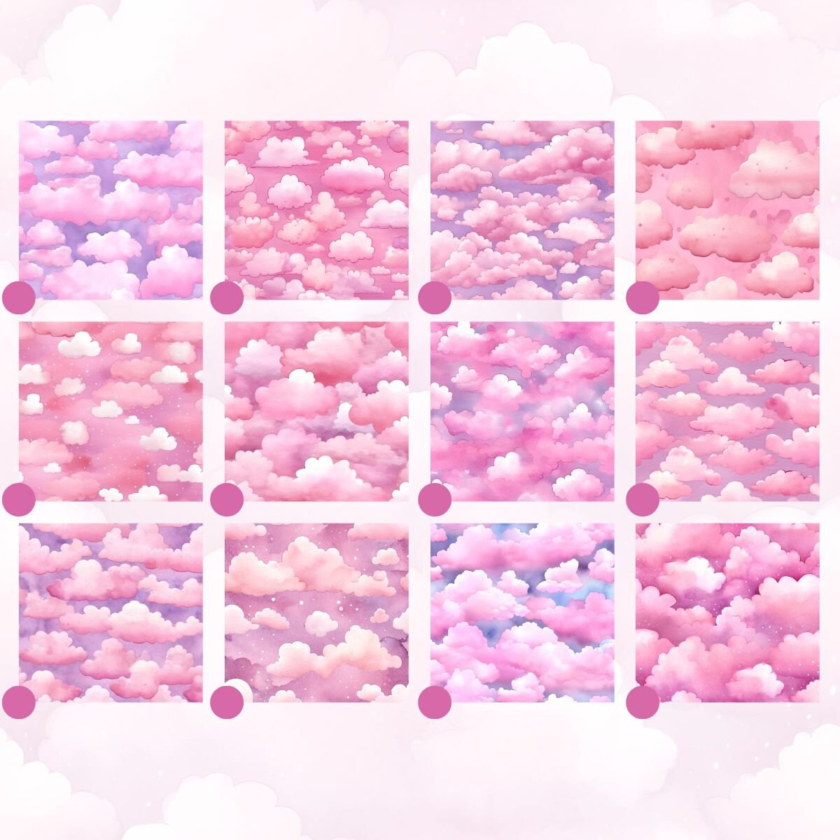 Watercolor Pink Clouds Digital Paper Set, Soft Sky Seamless Pattern ...