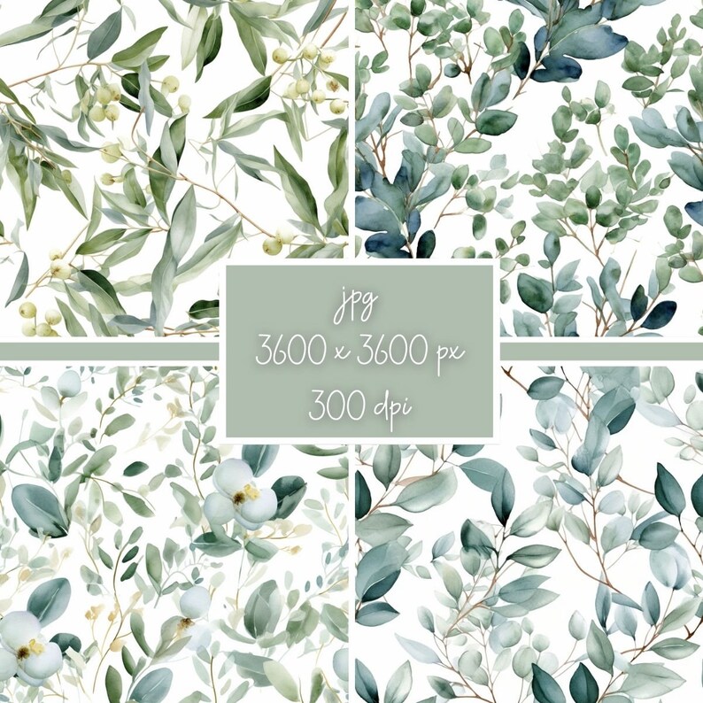 Watercolor Eucalyptus Digital Paper Set, Eucalyptus Seamless Pattern ...