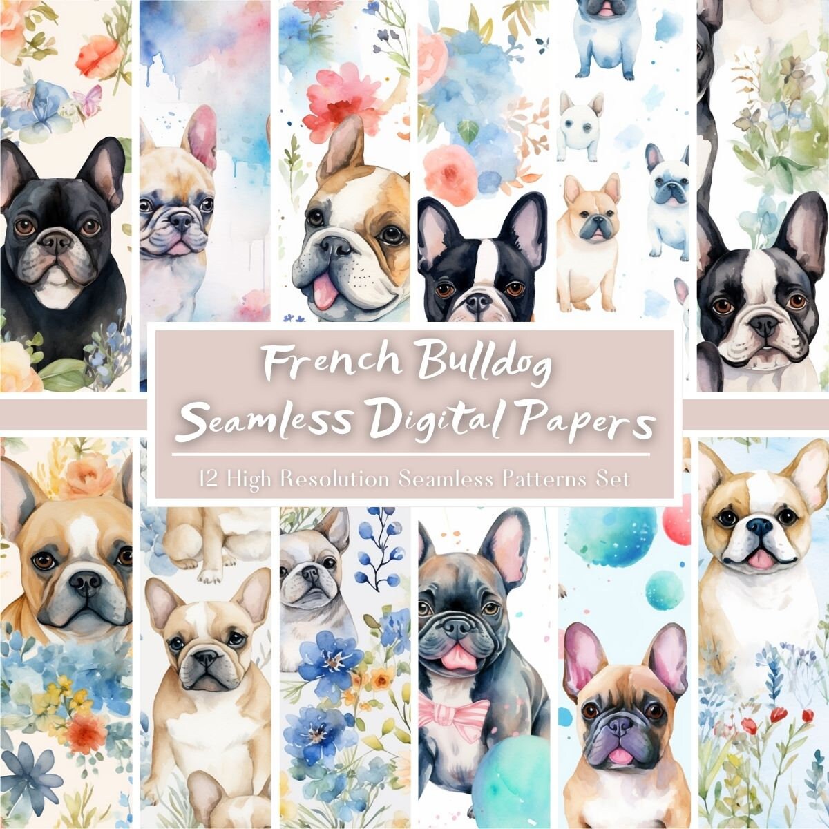 Cute French Bulldog Digital Paper Set, Watercolor French Bulldog ...