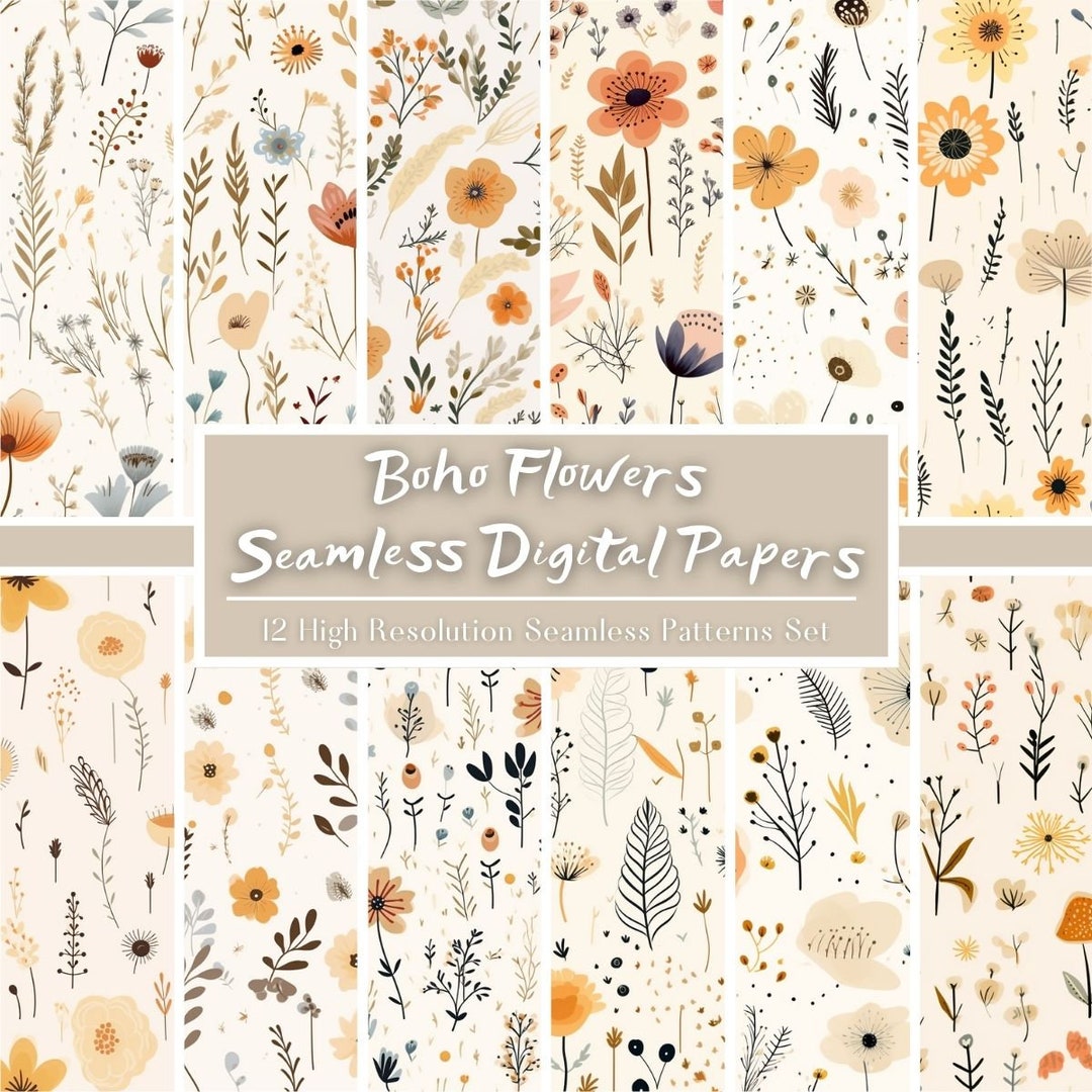 Boho Flowers Digital Paper Set, Boho Floral Seamless Pattern, Bohemian ...