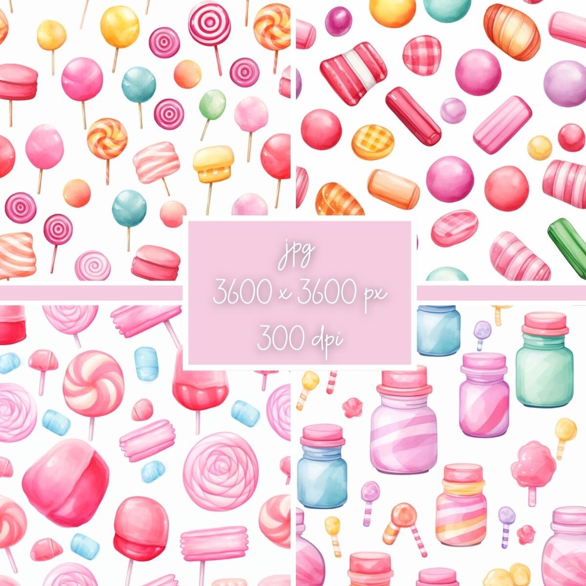 Watercolor Candy Digital Paper Set, Cute Candies Seamless Pattern ...