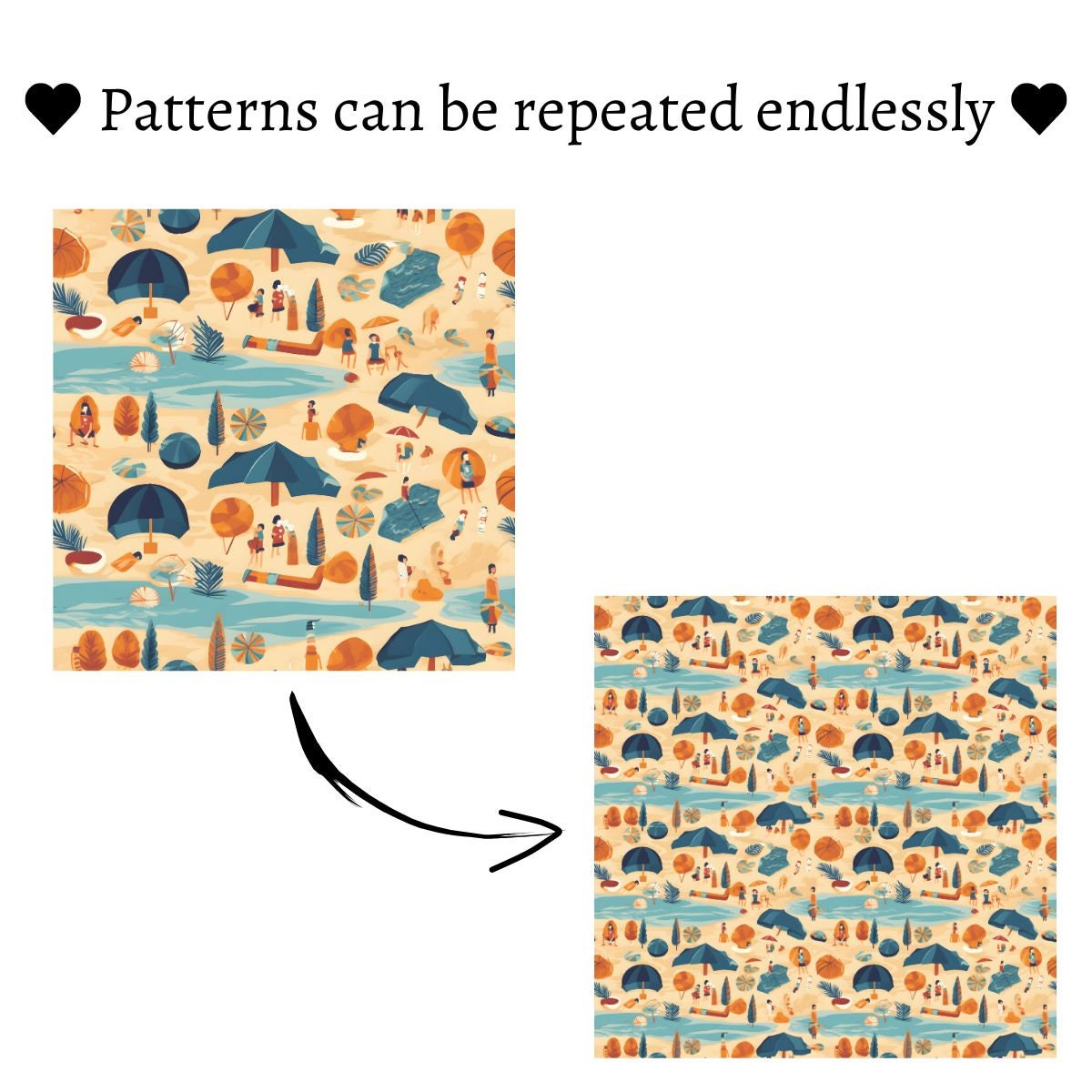 Cute Beach Digital Paper Set, Beach Ilustration Seamless Pattern, Water ...