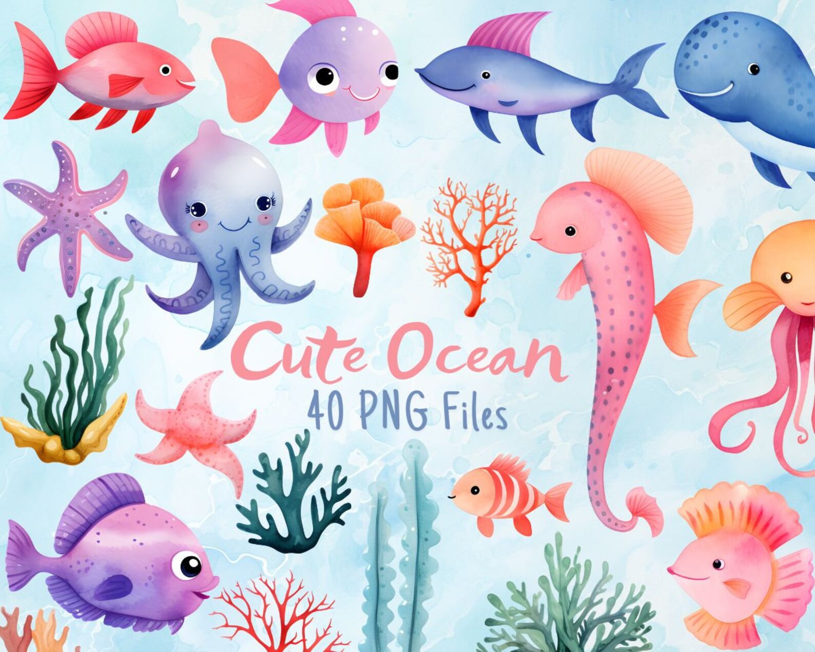 Watercolor Ocean Animals Clipart Set Cute Sea Animals Clip - Etsy