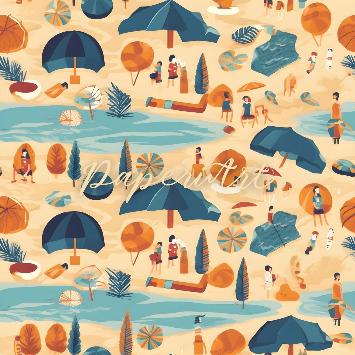 Cute Beach Digital Paper Set, Beach Ilustration Seamless Pattern, Water ...