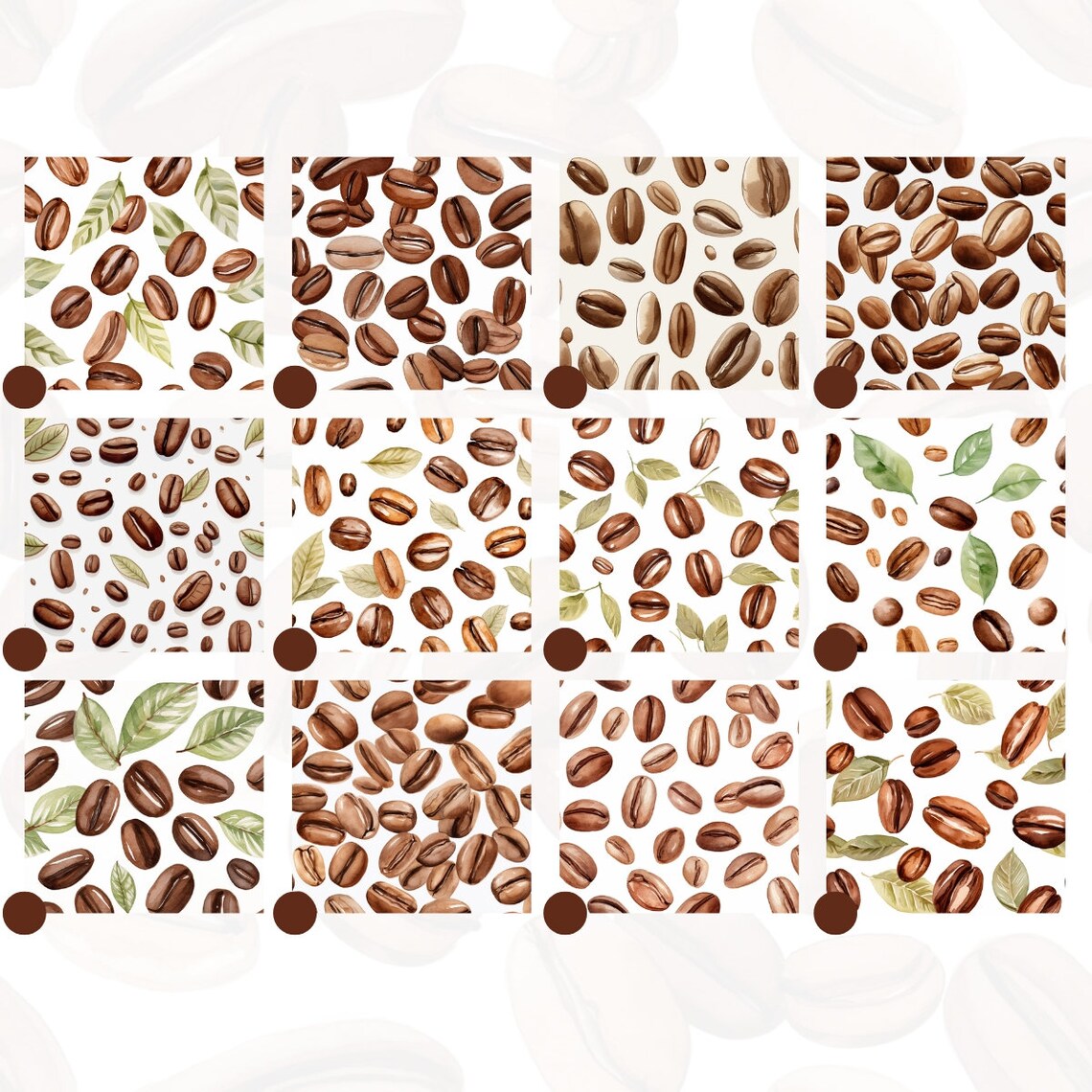 Watercolor Coffee Digital Paper Set, Boho Coffee Beans Seamless Pattern ...