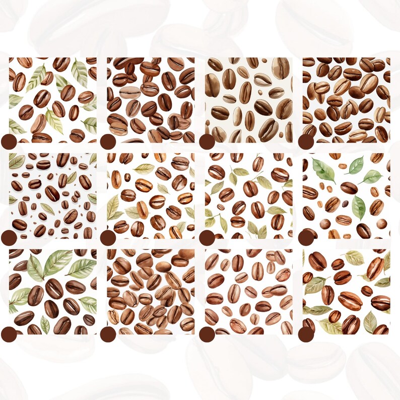 Watercolor Coffee Digital Paper Set, Boho Coffee Beans Seamless Pattern ...