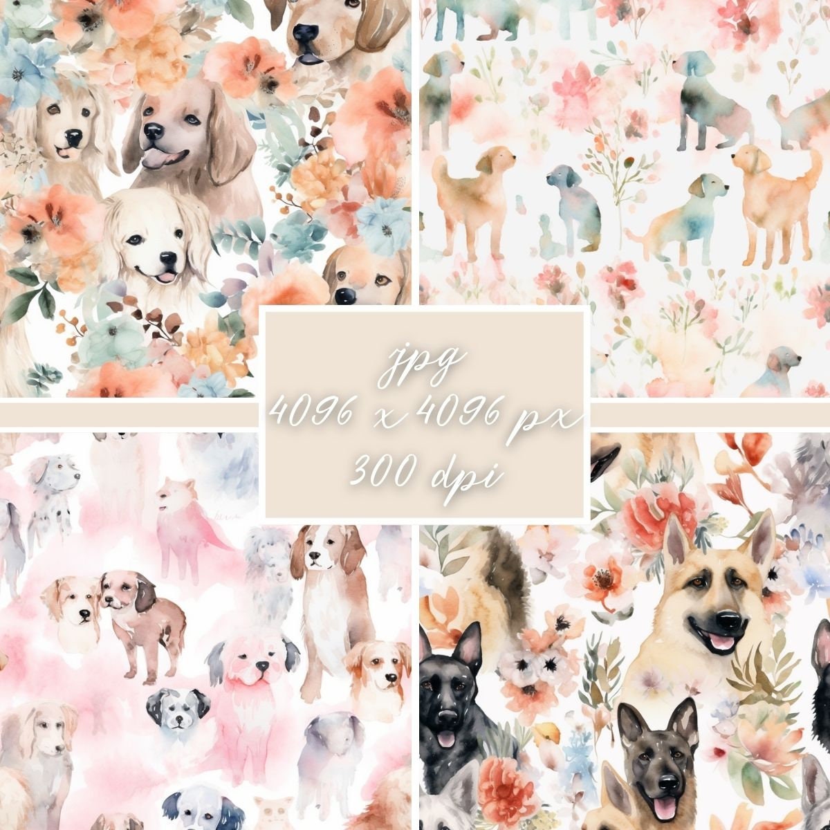 Watercolor Dogs Digital Paper Set, Dogs Seamless Pattern, Flowers ...