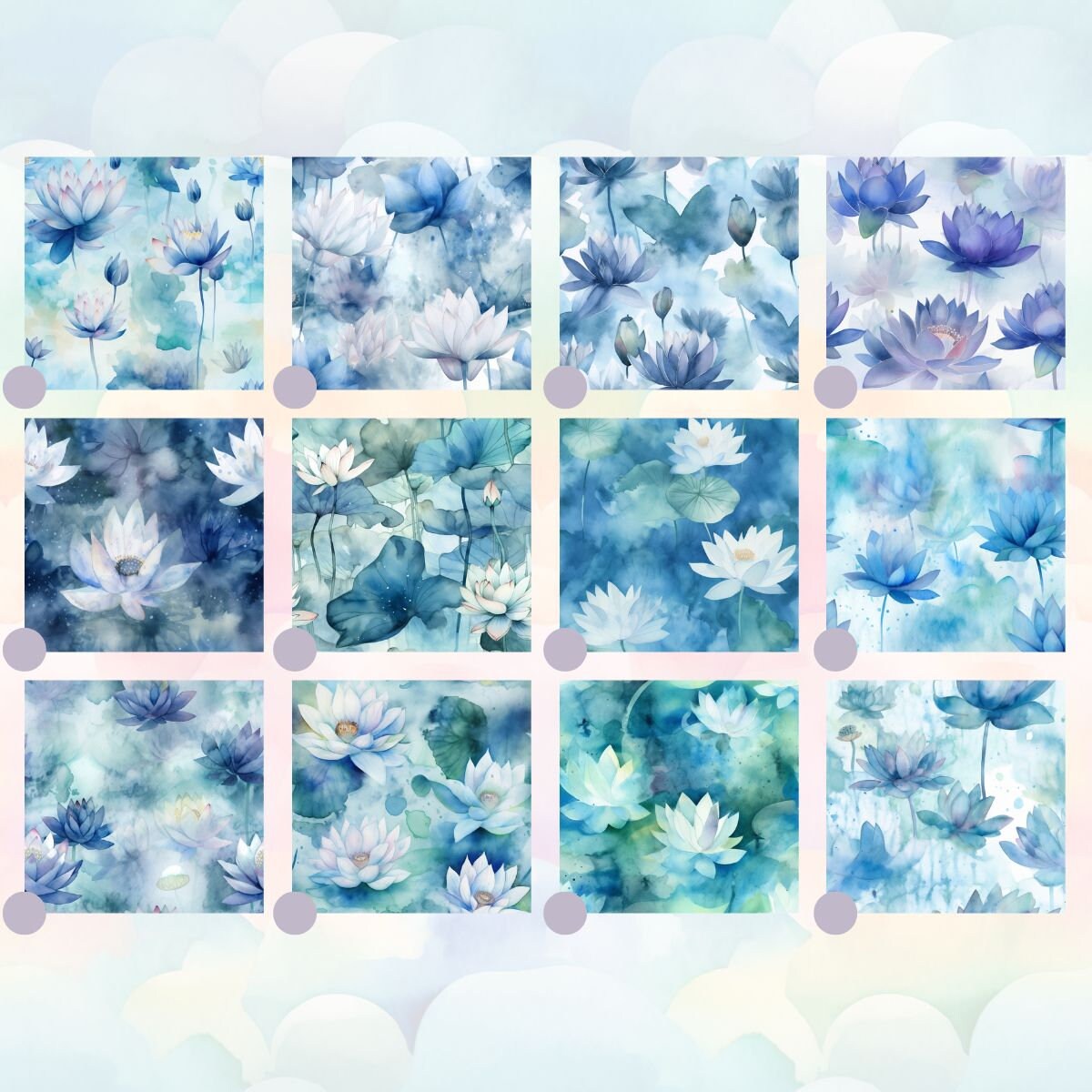 Watercolor Blue Lotus Digital Paper Set Flowers Seamless - Etsy